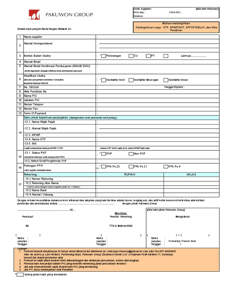 Form Data Supplier & Kontraktor Pakuwon-Rev - Update 2020 | PDF