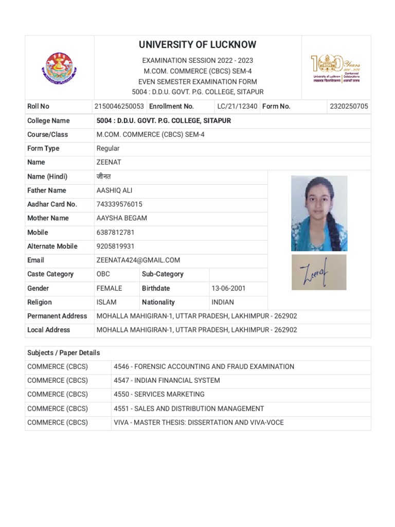 Lucknow University Even Exam Forms | PDF