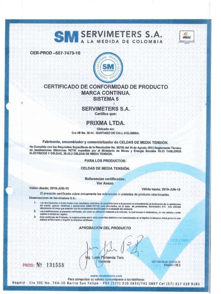 Certificado de Conformidad Celdas | PDF