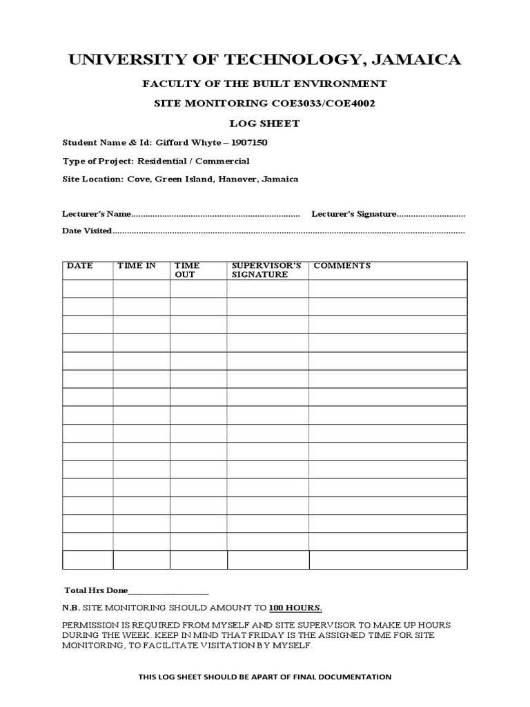 Site Monitoring Log Sheet | PDF