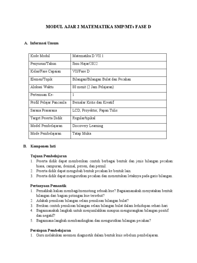 Modul Ajar Matematika Smp Kelas Vii Bab 2 Revisi Pdf