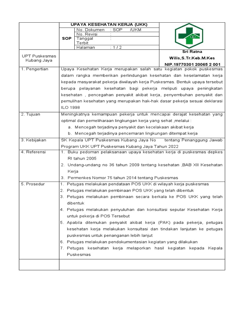 Sop Ukk (Upaya Kesehatan Kerja) | PDF
