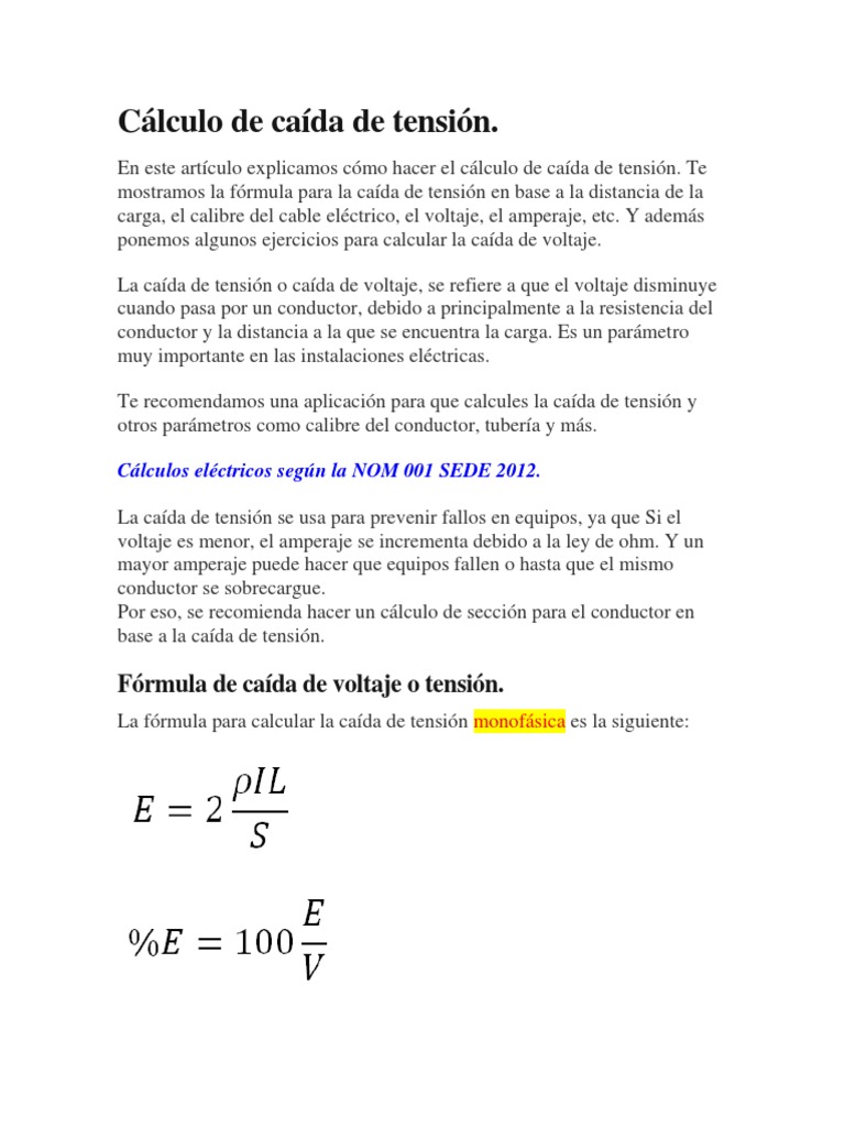 Cálculo de Caída de Tensión Eléctrica | PDF | voltaje | Conductor electrico