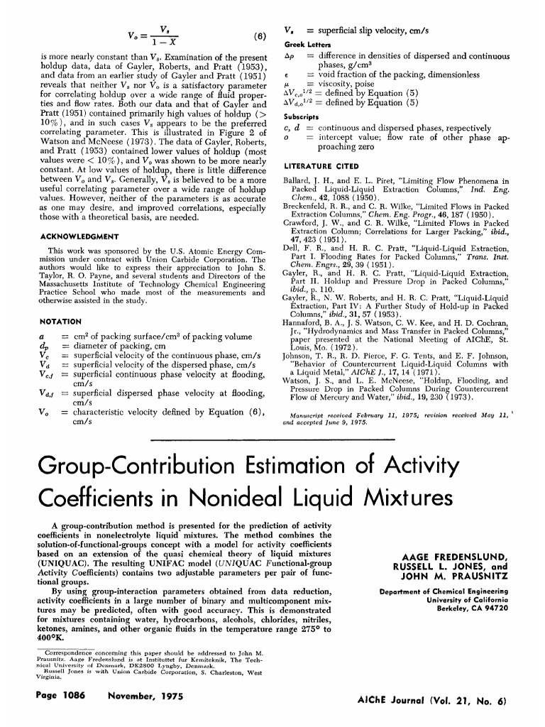 Group Contribution Estimation Of Activity Coefficients In Nonideal Liquid Mixtures Aiche 1975