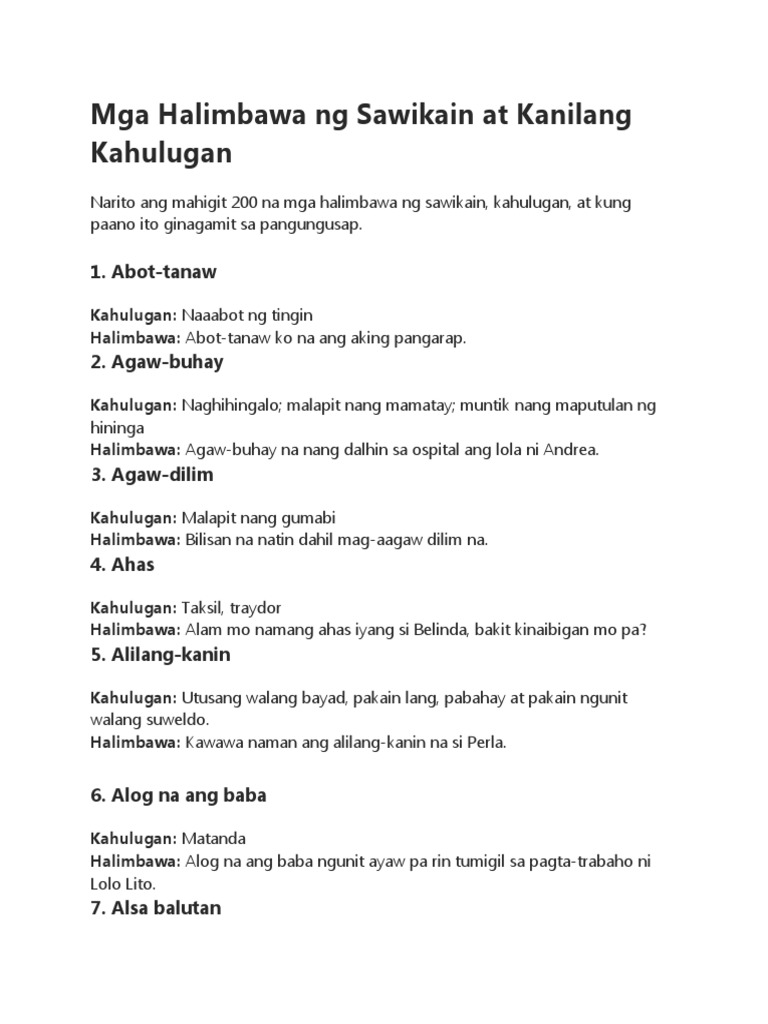 Mga Halimbawa NG Sawikain at Kanilang Kahulugan | PDF
