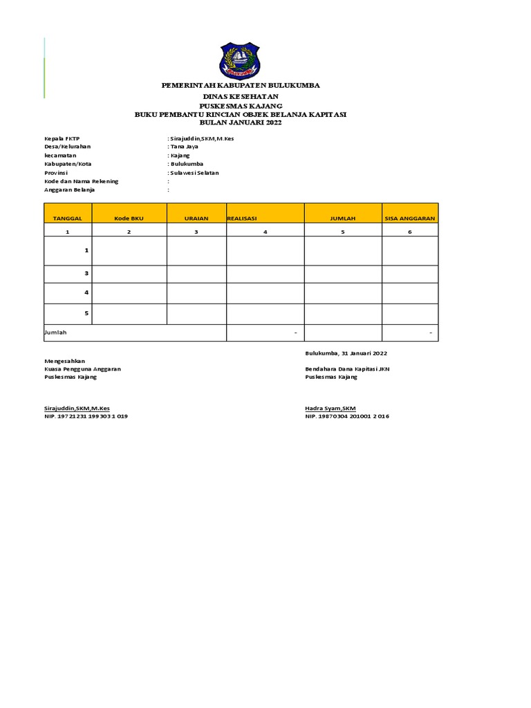Format Buku Pembantu Rincian Objek Belanja Kapitasi | PDF