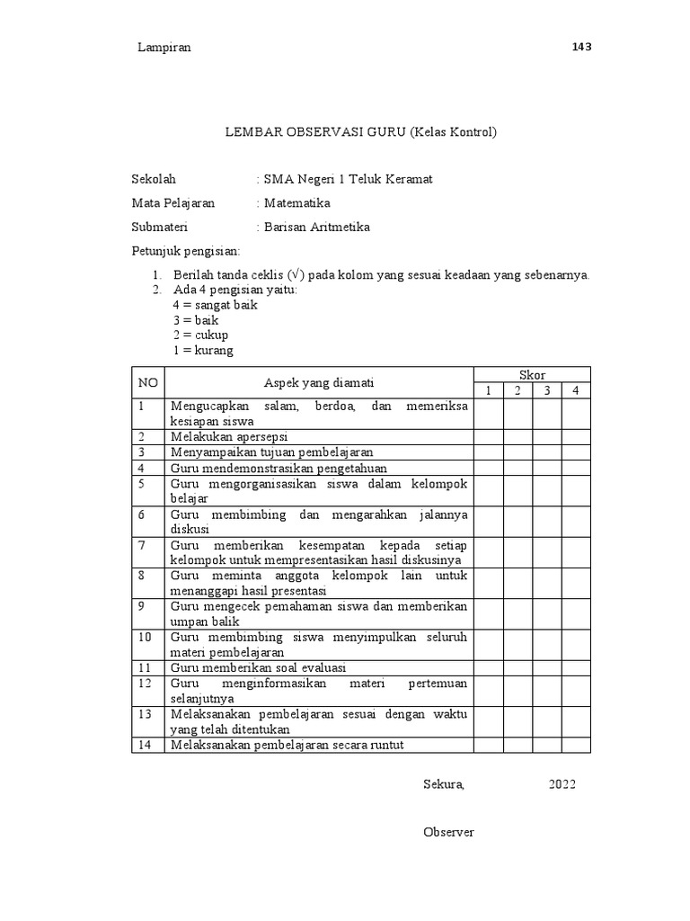 LEMBAR OBSERVASI GURU (Kelas Kontrol) | PDF