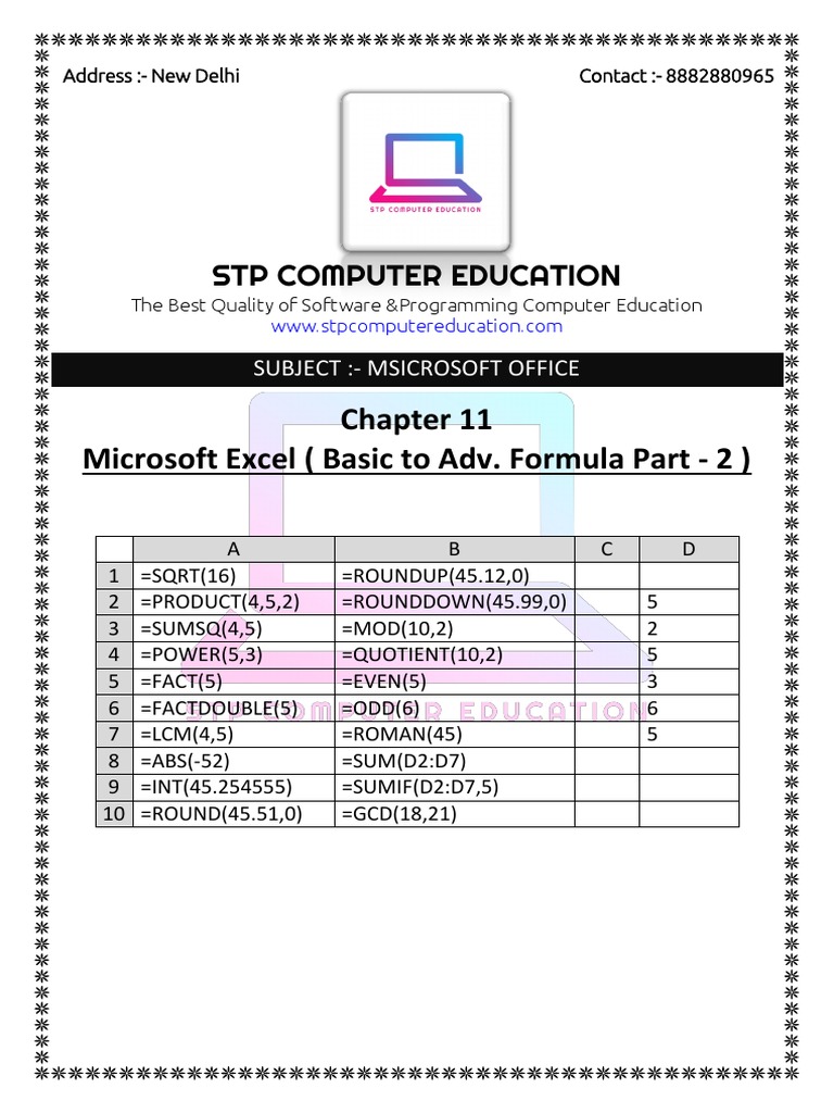 Chapter - 11 Microsoft Excel (Basic To Adv. Formula Part - 2) | PDF