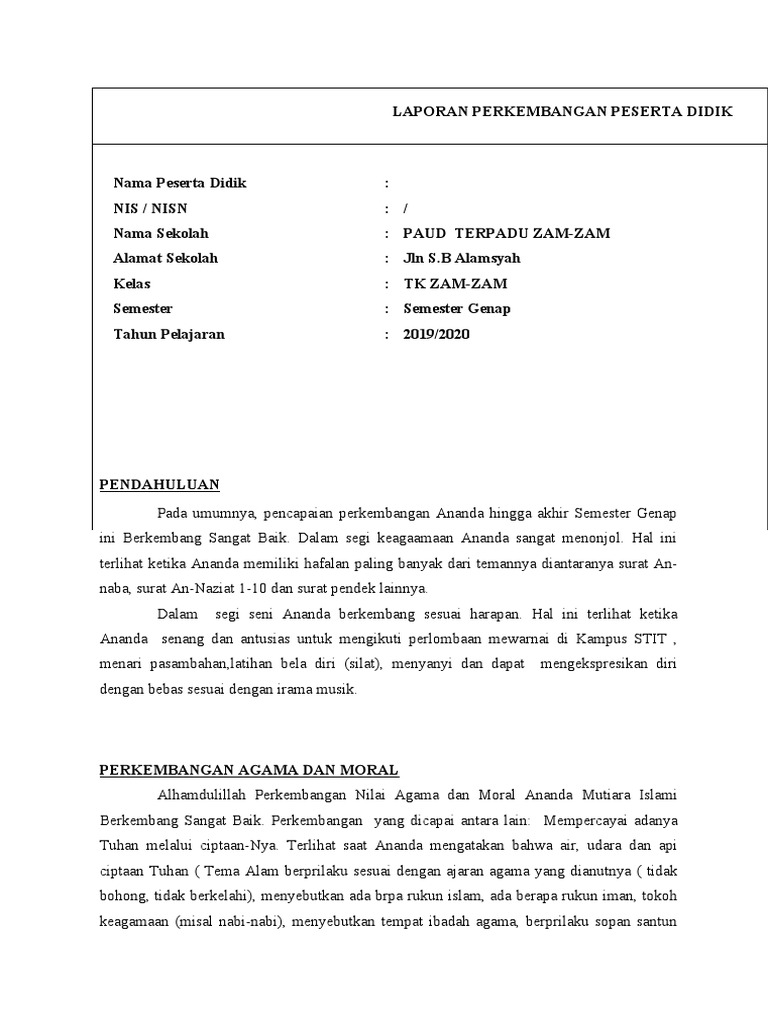Laporan Perkembangan Peserta Didik PAUD | PDF | Karier & Perkembangan ...
