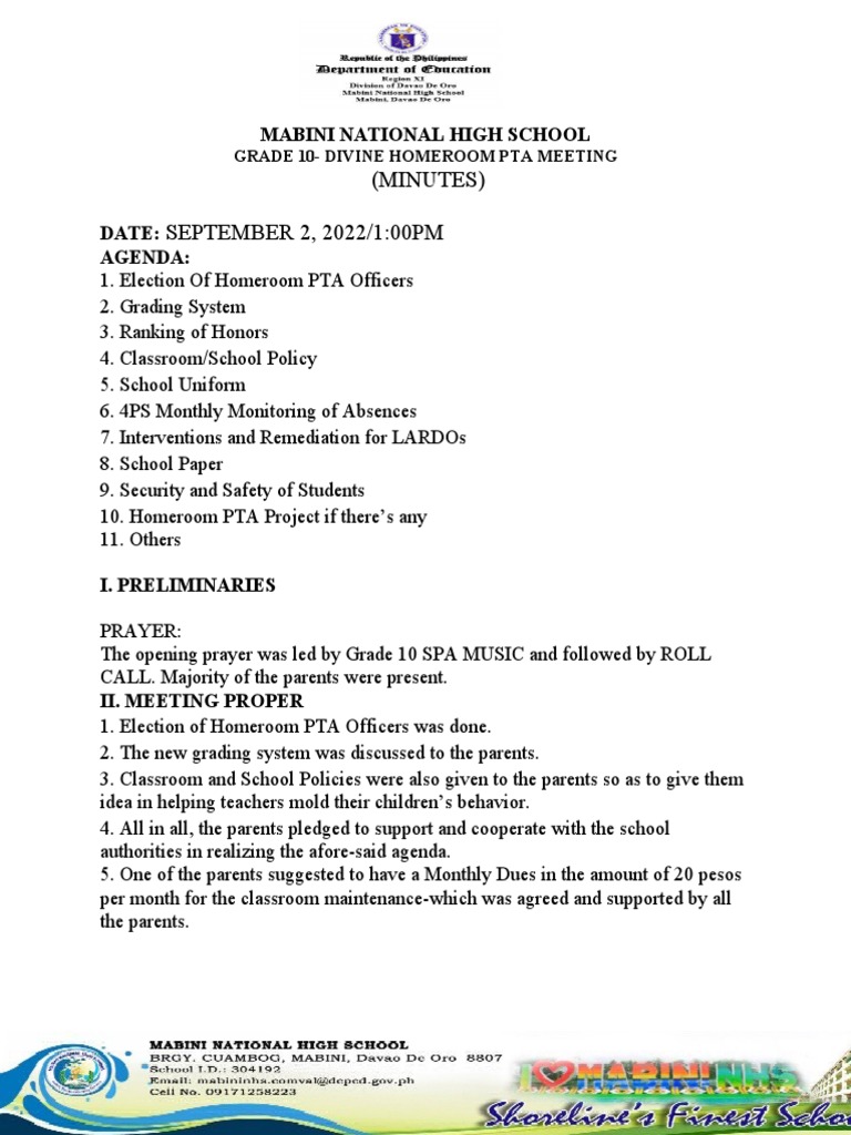 Pta Meeting Minutes | PDF