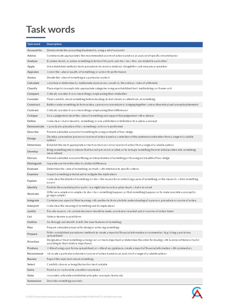 Task Words | PDF | Reason | Concept