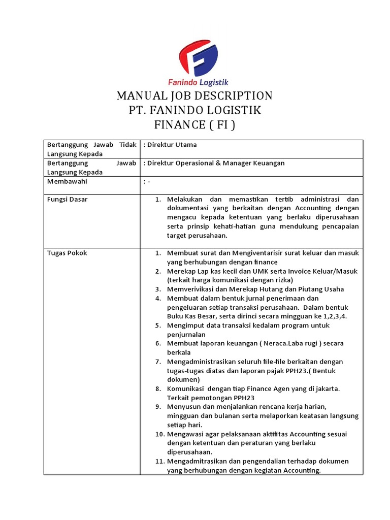 Manual Job Description Pt. Fanindo Logistik Finance (Fi) | PDF