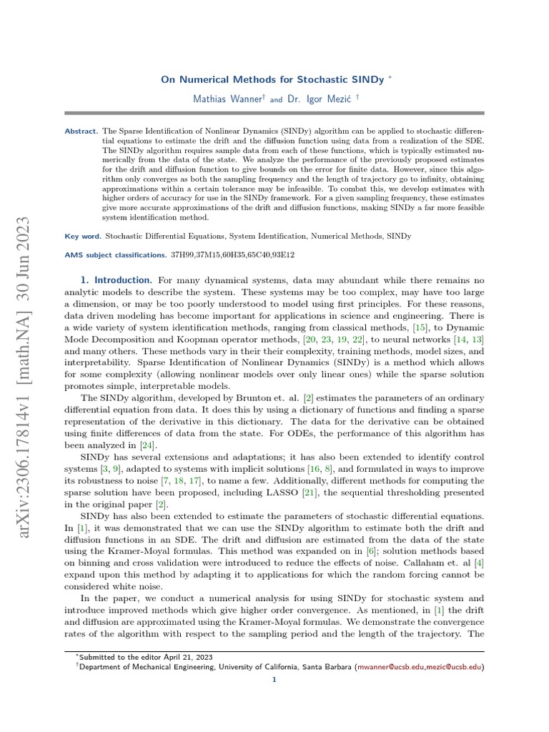 On Numerical Methods For Stochastic Sindy 2023 Pdf Stochastic Differential Equation