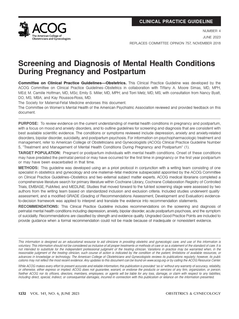 ACOG Screening and Diagnosis of Mental Health - 1-15 | PDF | Mania ...