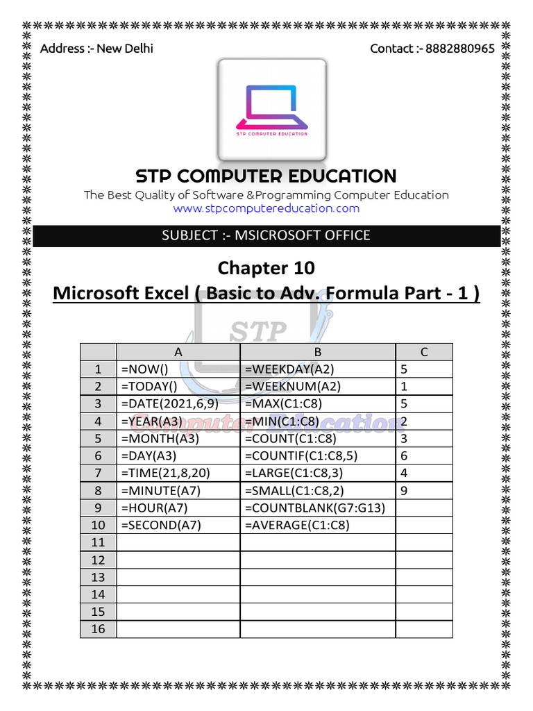 Chapter - 10 Microsoft Excel (Basic To Adv. Formula Part - 1) | PDF | Computers