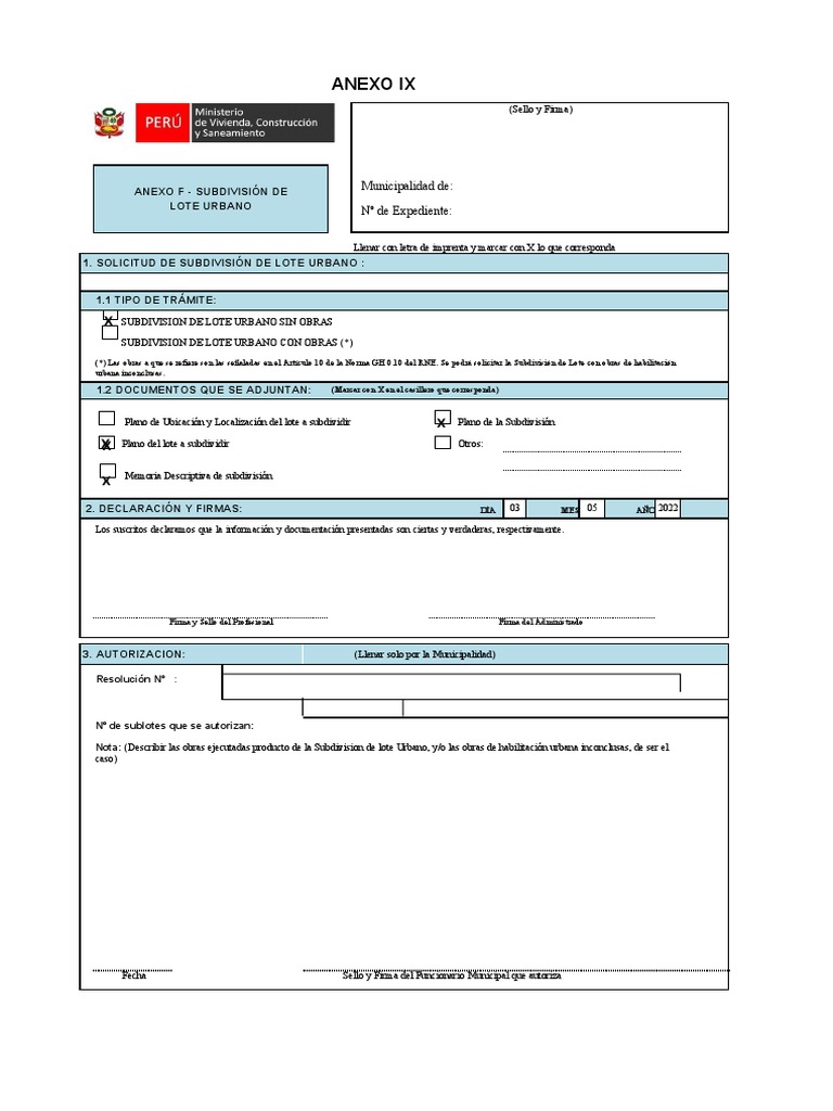 Formulario - Anexo F - Subdivisión de Lote Urbano | PDF