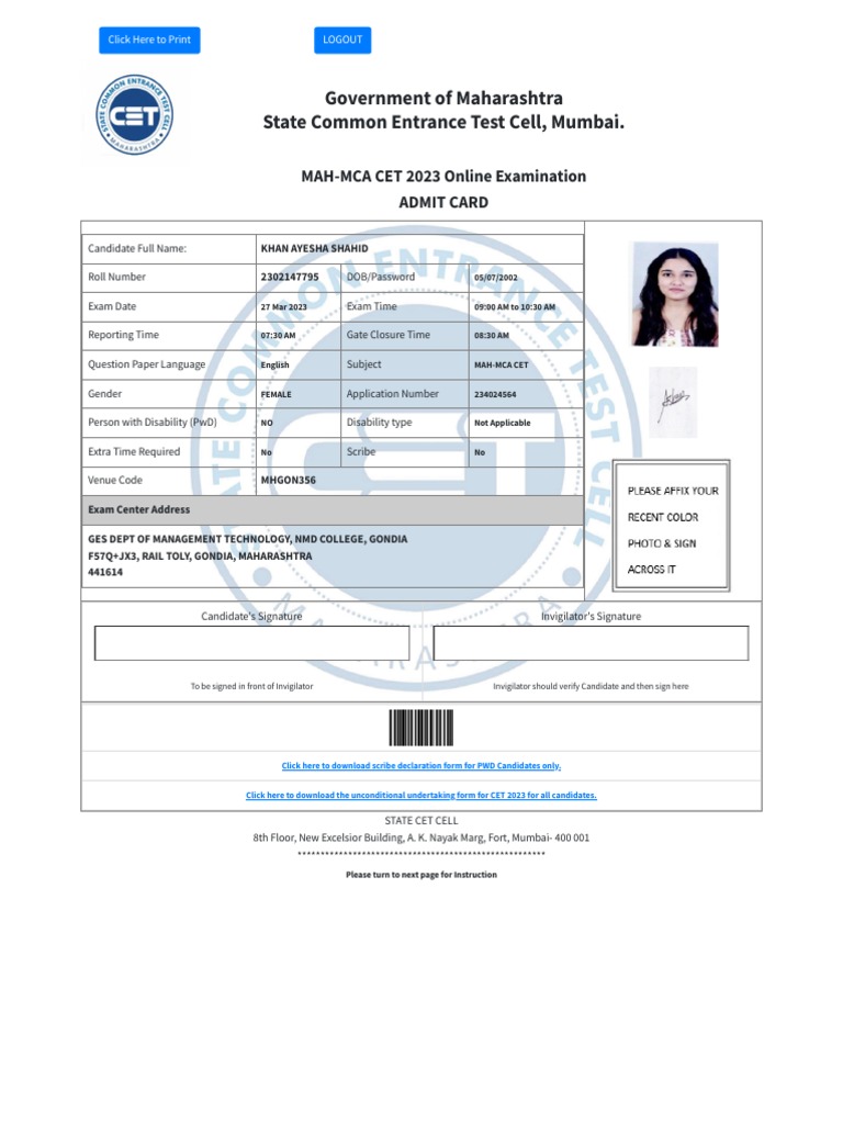 MH Cet Mca - 2023 Admit Card | PDF