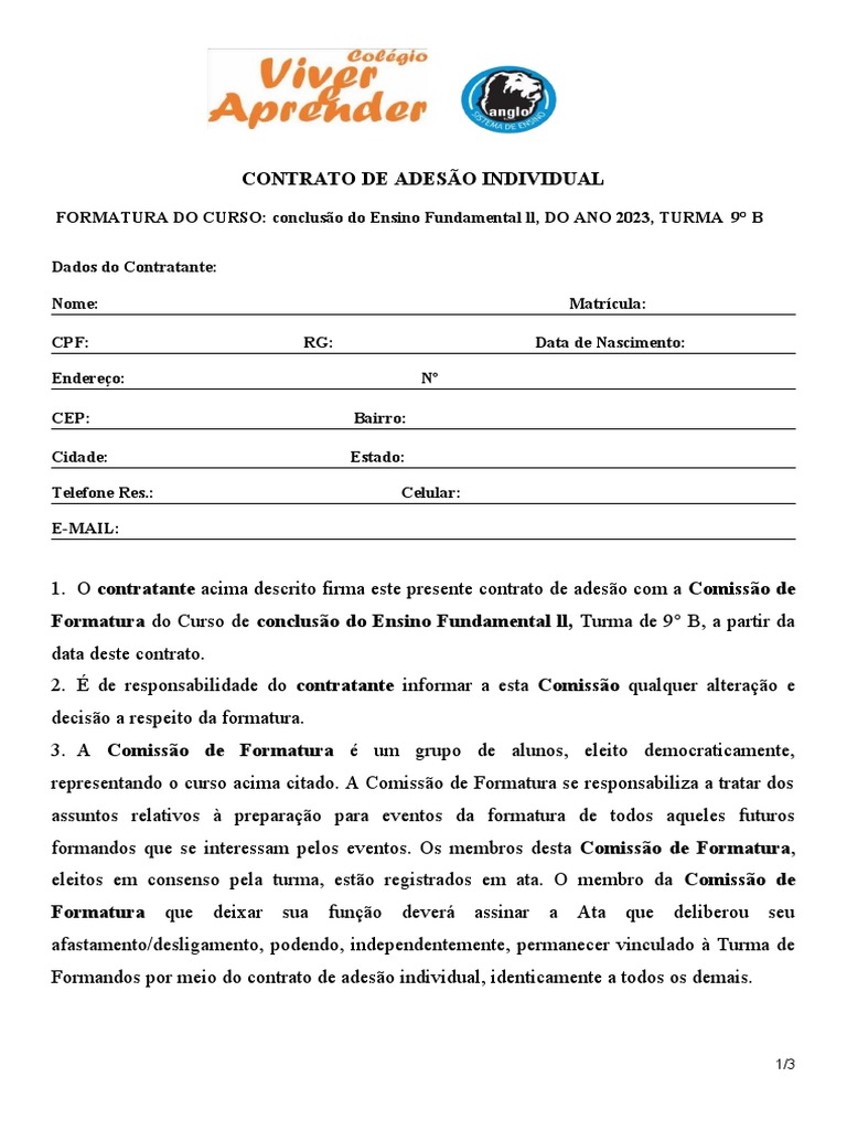 Contrato de Adesão Formatura 9° B 2023 | PDF | Finanças e Administração ...