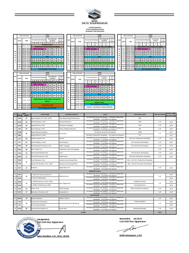 Lesson Schedule Academic Year 2023-2024 - Ethics | PDF