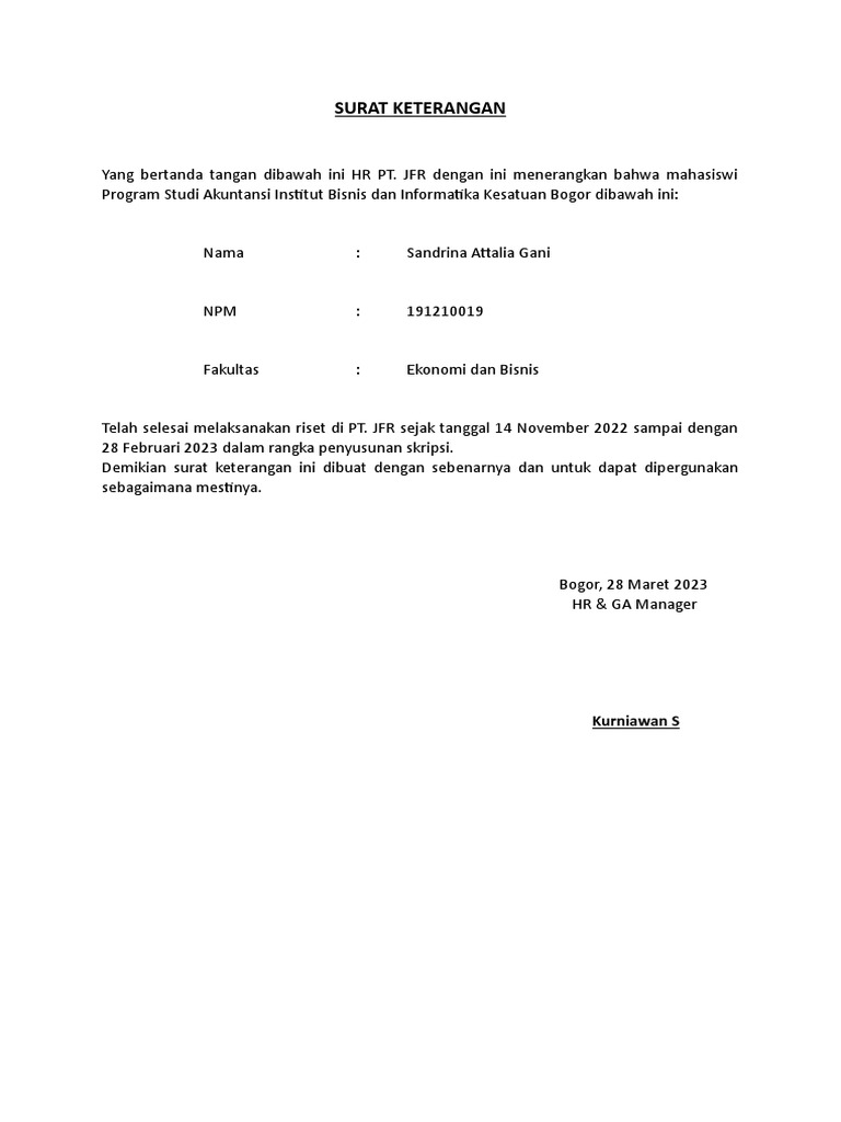 Sandrina Surat Keterangan Riset Pdf
