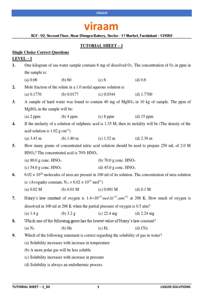 Tutorial Sheet - 1 - Xii - Liquid Solutions (Concentration Terms and ...