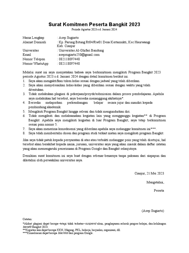 Surat Komitmen Peserta Bangkit 2023 - H2 | PDF