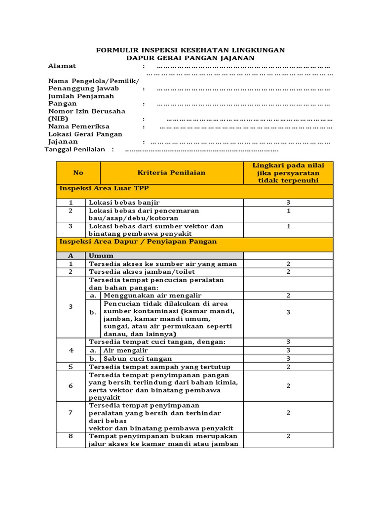 Formulir Ikl Dapur Gerai Pangan Jajanan | PDF