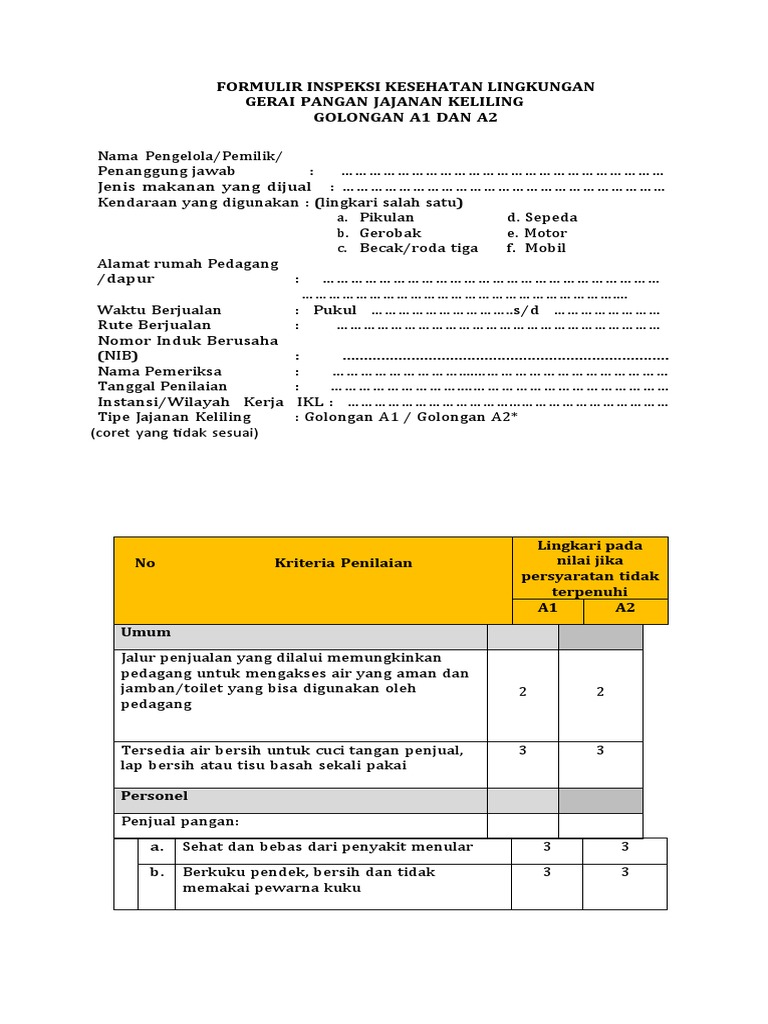 Formulir Ikl Gerai Pangan Jajanan Keliling Golongan A Dan B | PDF