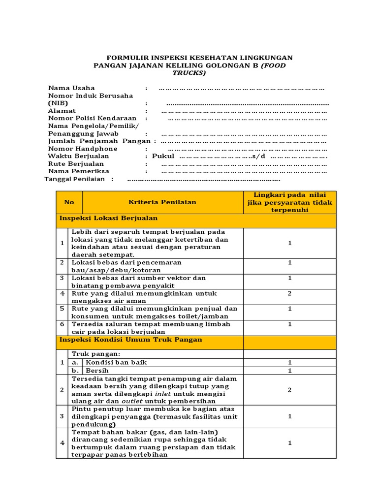 Formulir Ikl Pangan Jajanan Keliling Golongan B (Food Trucks) | PDF
