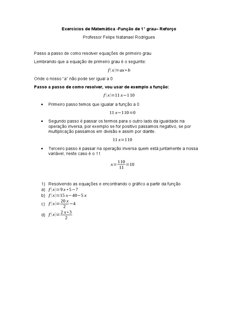Exercicio de Matematica Função de Primeiro Grau Professor Felipe ... Exercicio de Matematica Função de Primeiro Grau Professor Felipe ...