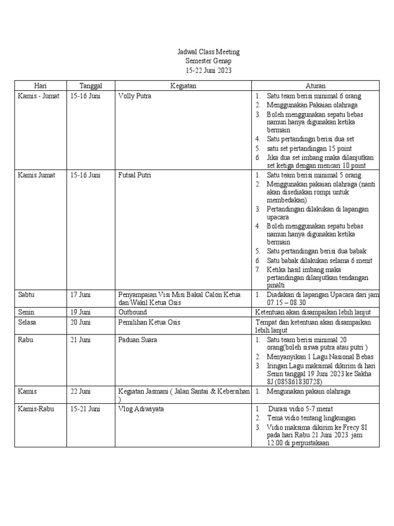 Jadwal Class Meeting Pdf