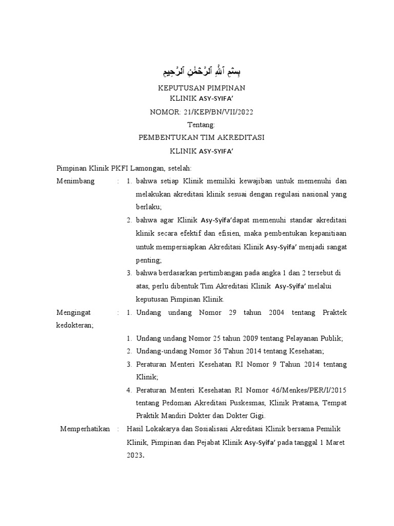 SK TIM AKREDITASI KLINIK Asyfa | PDF