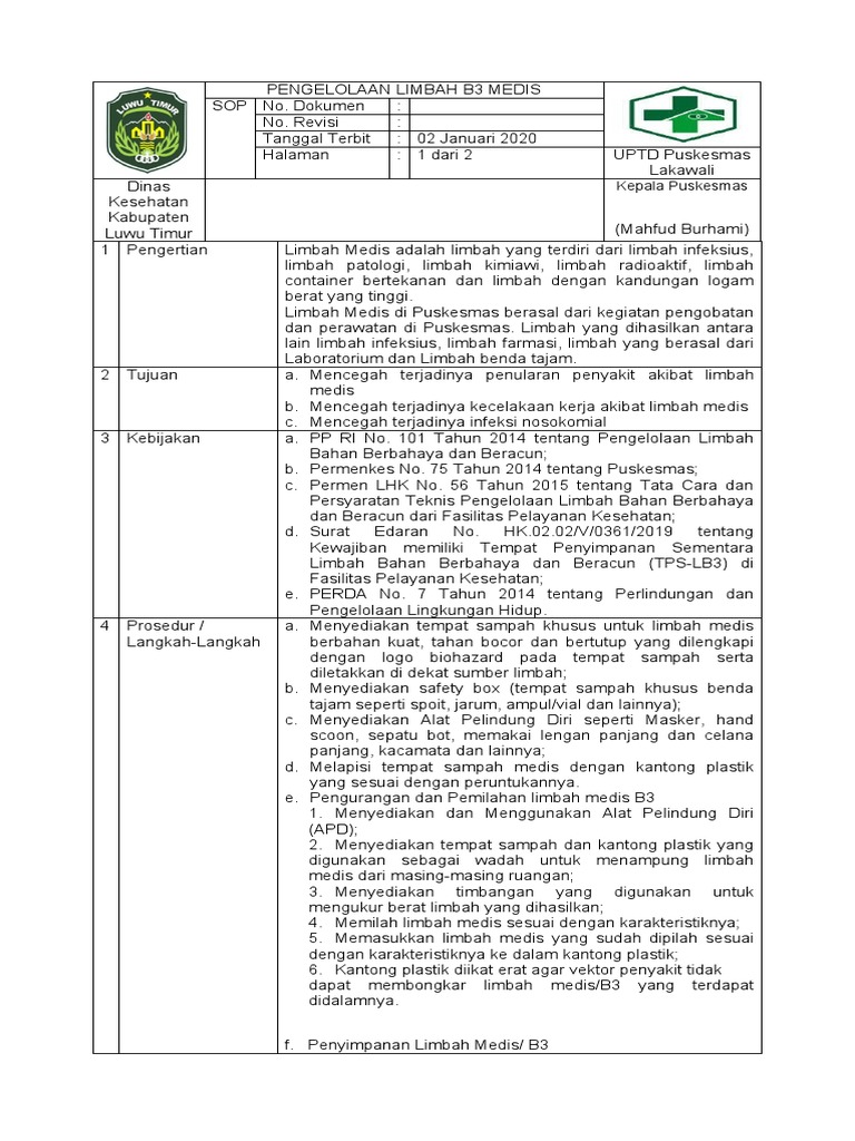 Sop Pengelolaan Limbah Medis | PDF