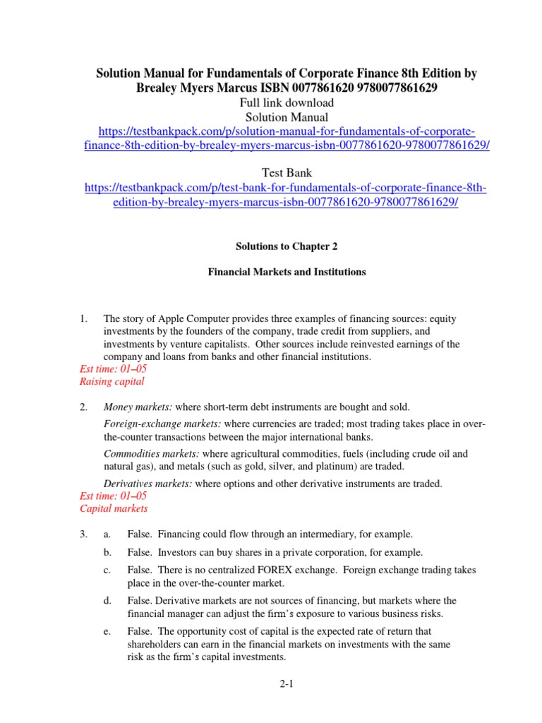 Fundamentals of Corporate Finance 8th Edition by Brealey Myers Marcus ISBN Solution Manual | PDF ...