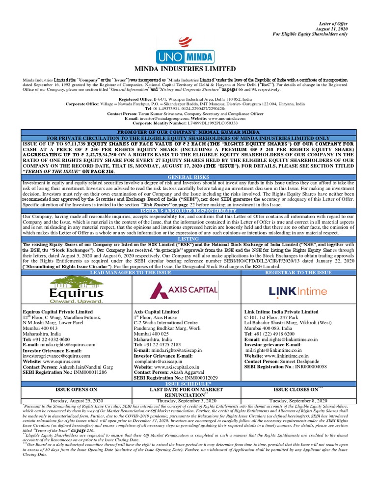 Minda Industries Rights Issue Offer Letter | PDF | Stocks | Securities ...
