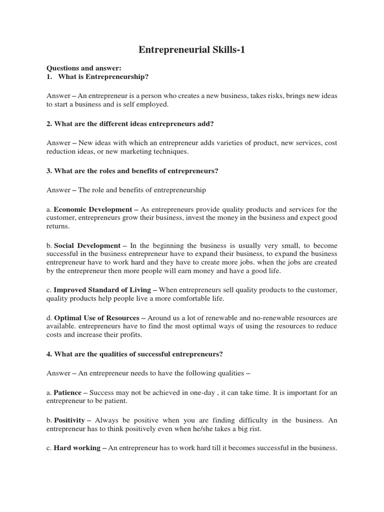 Entrepreneurial Skills-1 Class 9 Question and Answer | PDF ...