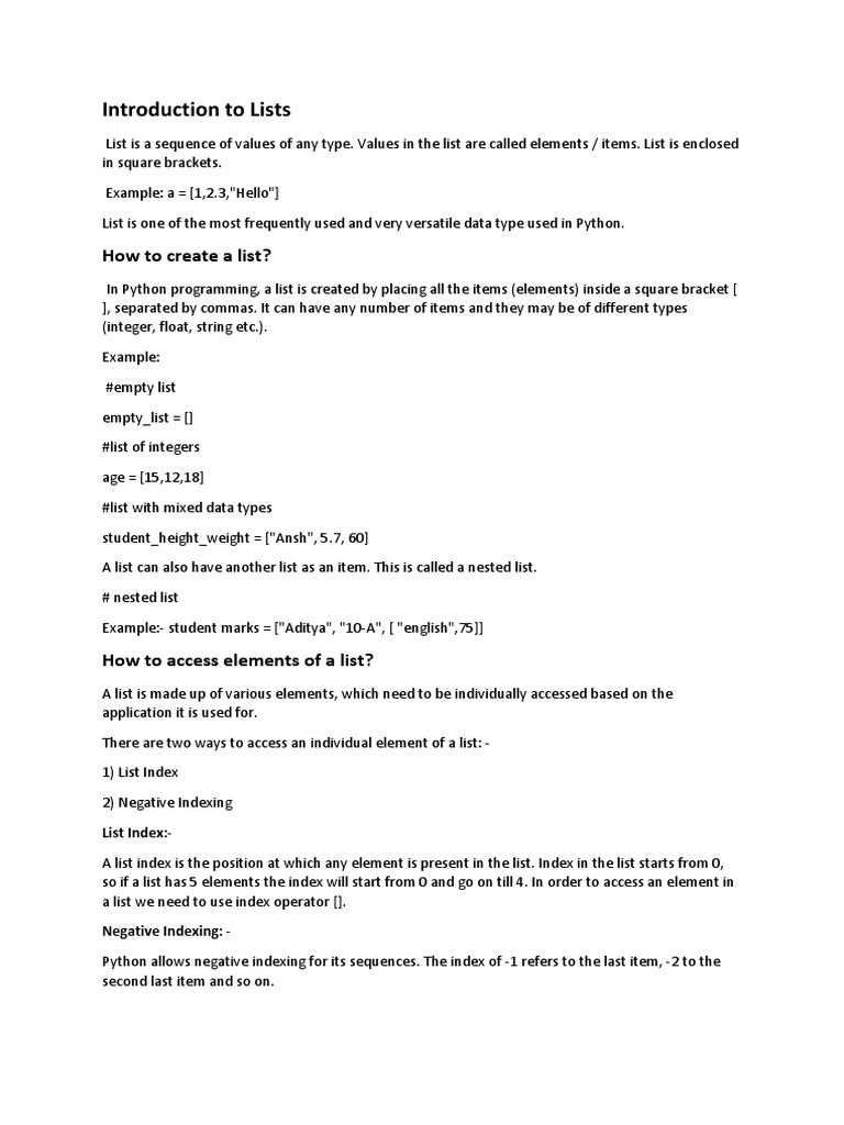 Introduction To Lists (Class 9) | PDF