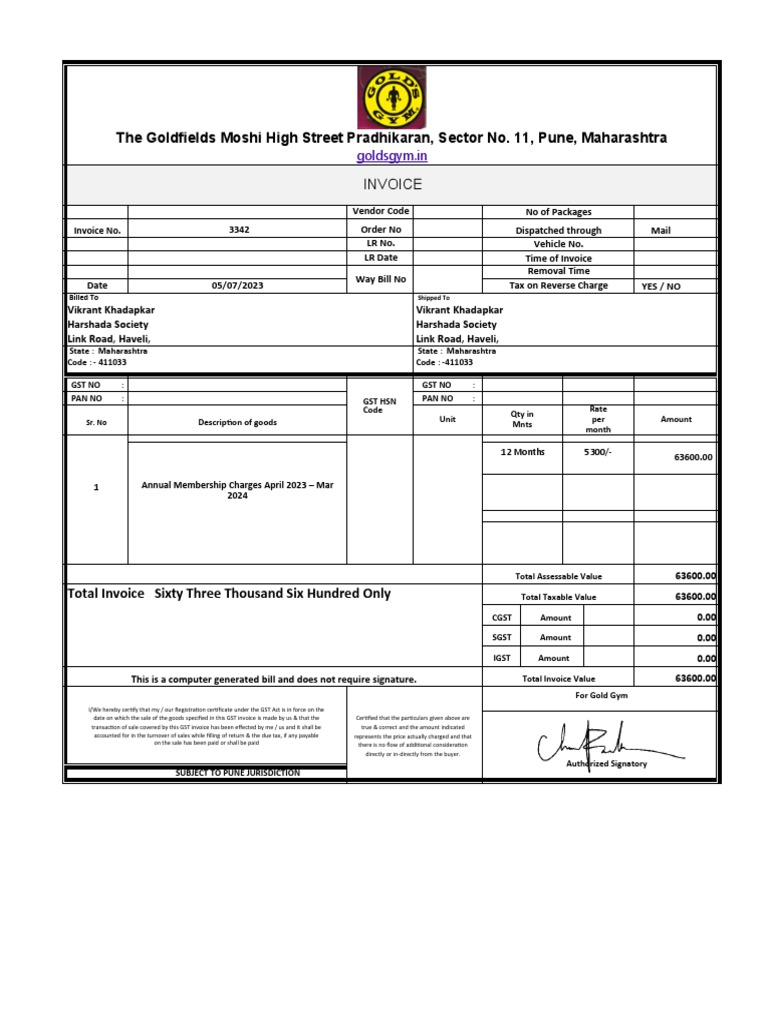Annual Gym Bill | PDF | Invoice | Public Finance