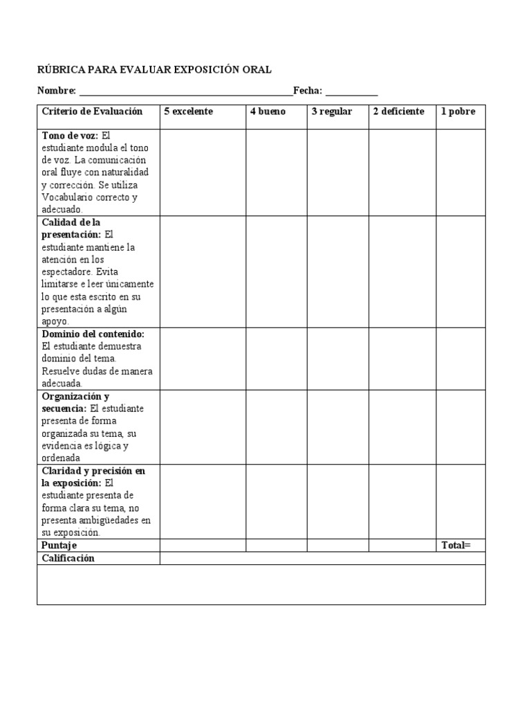 Rúbrica para Evaluar Exposición Oral | PDF | Artes del Lenguaje y ...