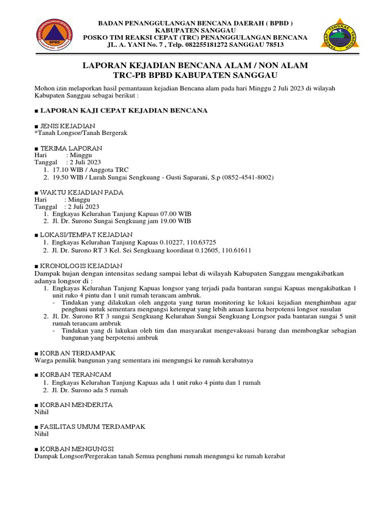 Laporan Longsor Sanggau 2 Juli | PDF | Perjalanan | Sains & Matematika