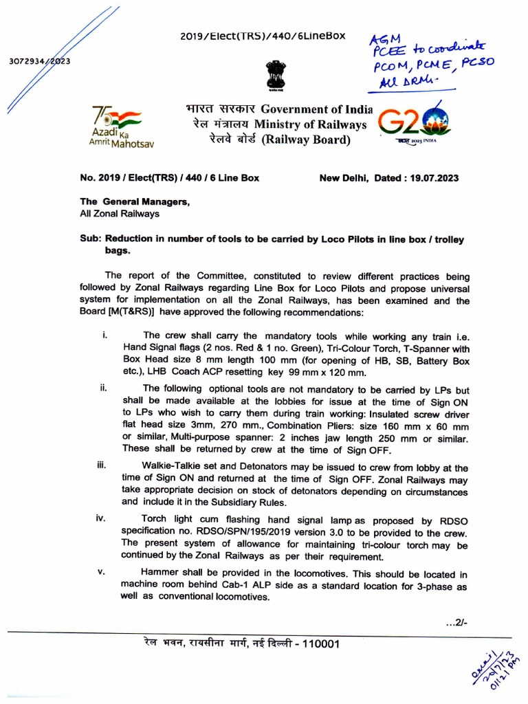 Reduction in Number of Tools To Be Carried by Loco Pilots in Line Box ...