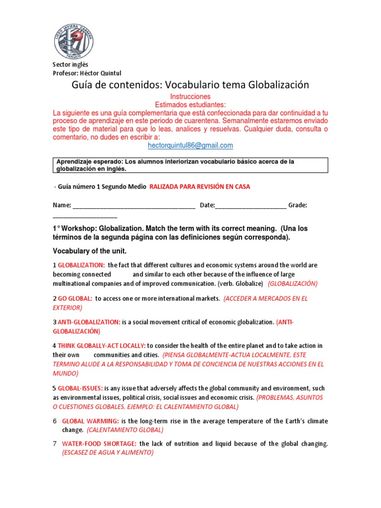 GuiaN1 2medios Vocabulary Globalization Termsresuelta | PDF | Globalización