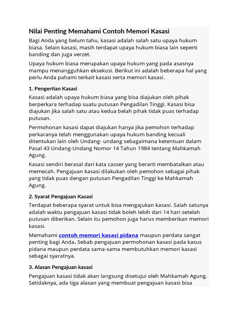 Nilai Penting Memahami Contoh Memori Kasasi | PDF