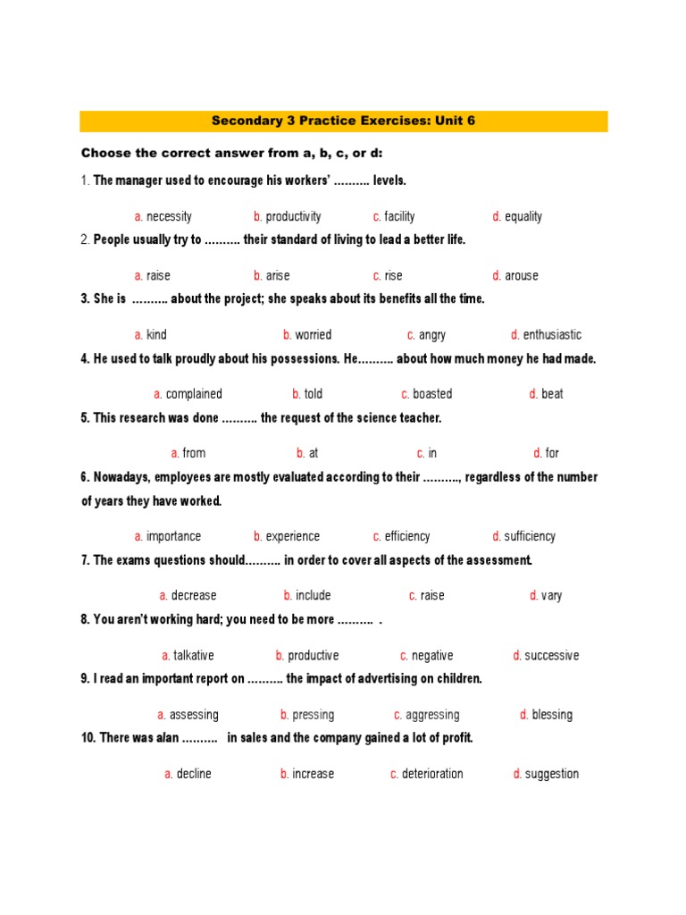Secondary 3 Exercise Unit 6 | PDF