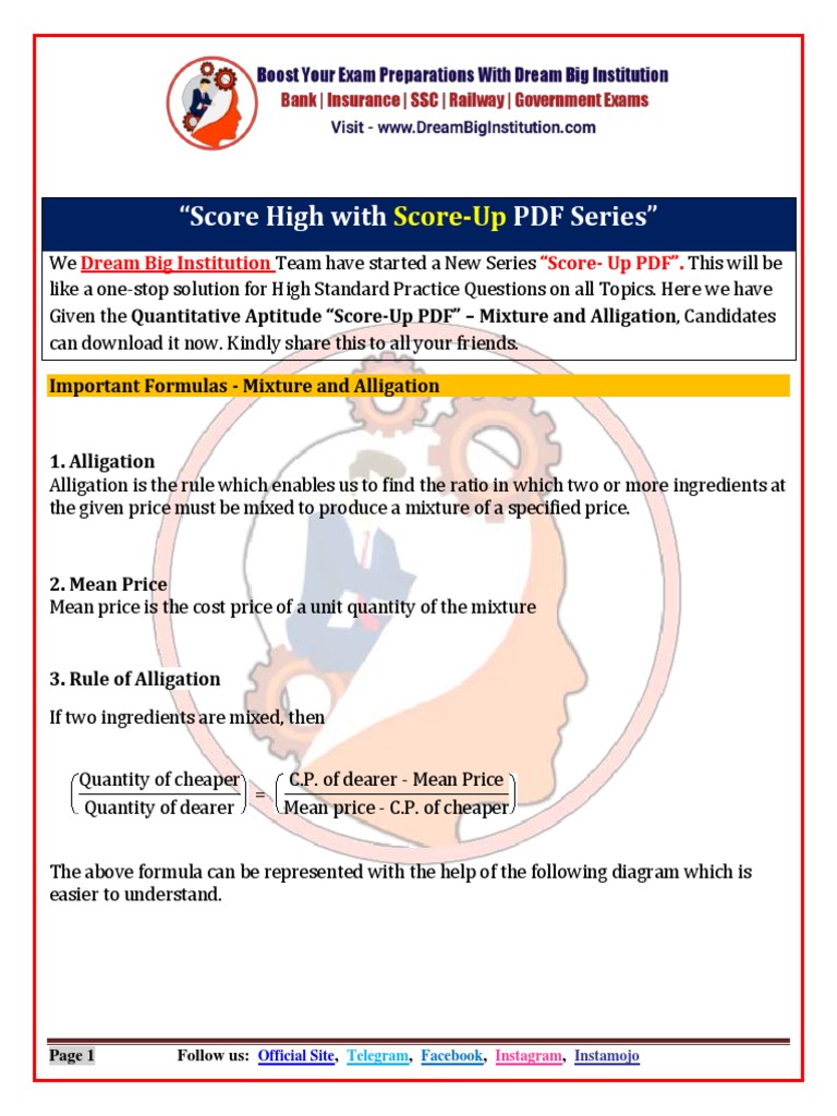 Mixture and Alligation Score Up PDF For SSC Exam Dream Big Institution ...