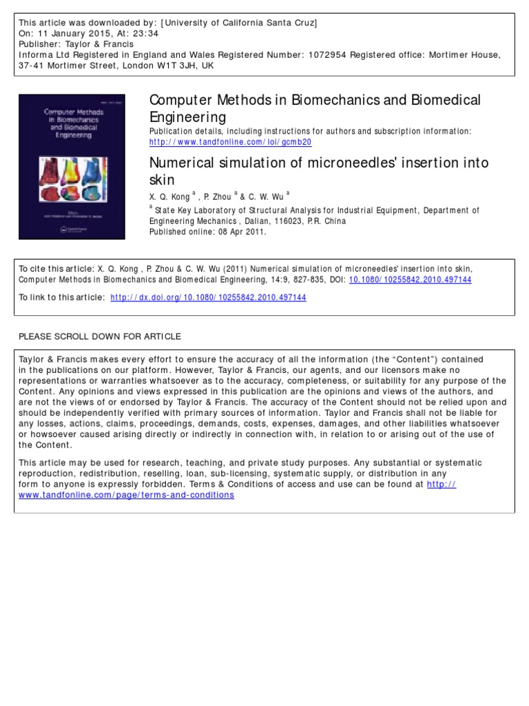 Numerical Simulation of Microneedles' Insertion Into Skin | PDF | Stress (Mechanics) | Skin
