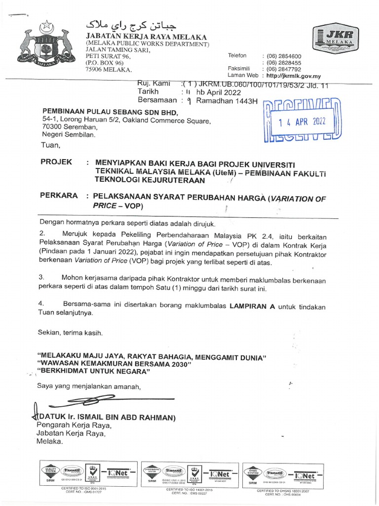 JKR - Pelaksanaan Syarat Perubahan Harga VOP | PDF