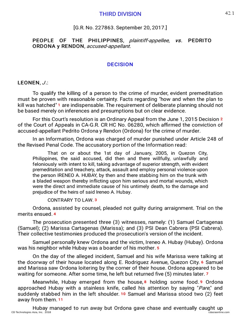 (42.1) G.R. No. 227863 - People v. Ordona y Rendon | PDF | Witness | Murder