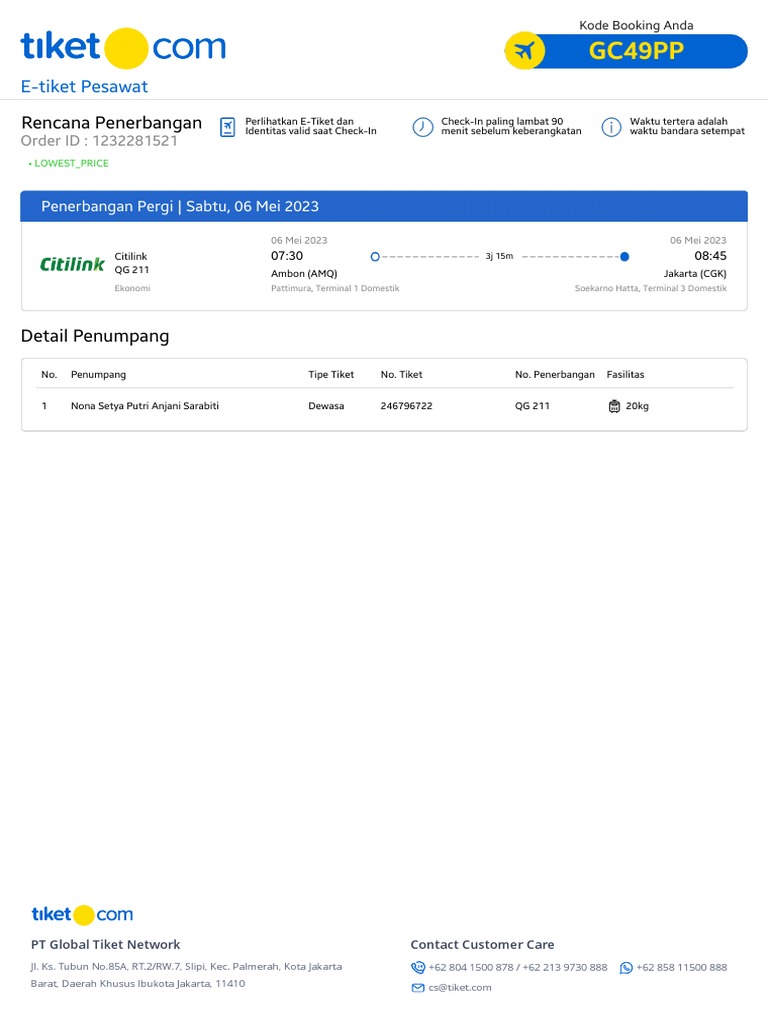 E-Tiket Pesawat - Order ID - 1232281521 - GC49PP | PDF