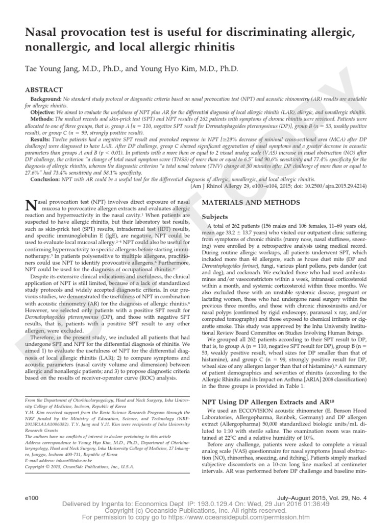 Nassal Provocation Test 1 Pdf Allergy Allergen